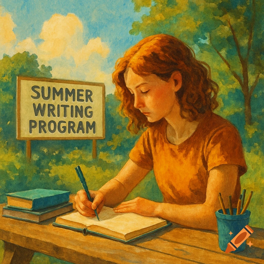 A young woman writes in a book at an outdoor table under a sign reading ...