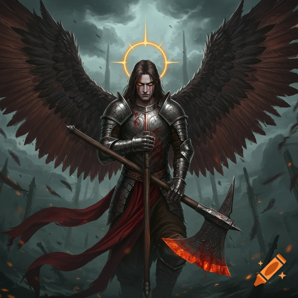 Fallen angel in dark armor with black wings and bloody axe in a ...