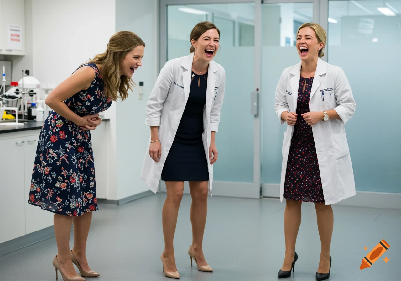 Three women in lab coats and dresses laugh in a photorealistic ...