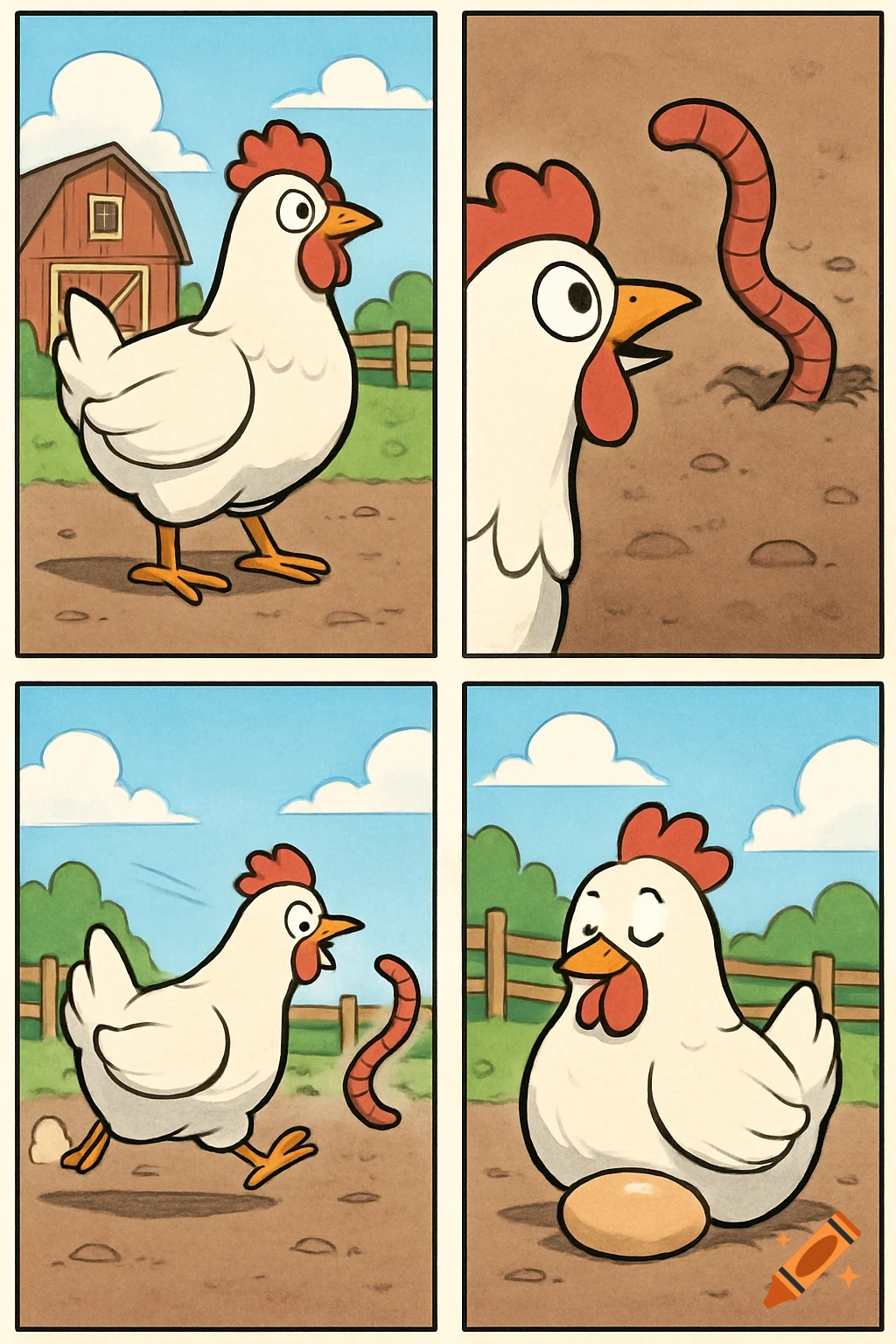 A four-panel cartoon comic about a chicken: encountering a worm ...