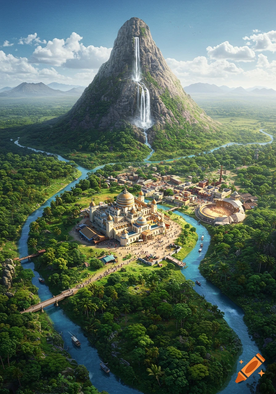 Aerial view of a fantasy town with a palace and amphitheater, nestled ...