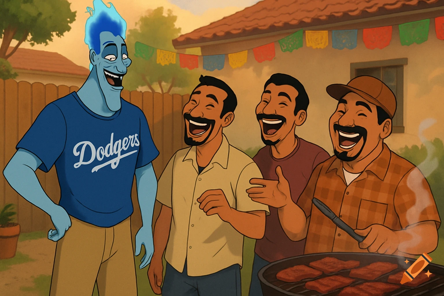 Animated cartoon shows a blue character in a Dodgers shirt and three ...