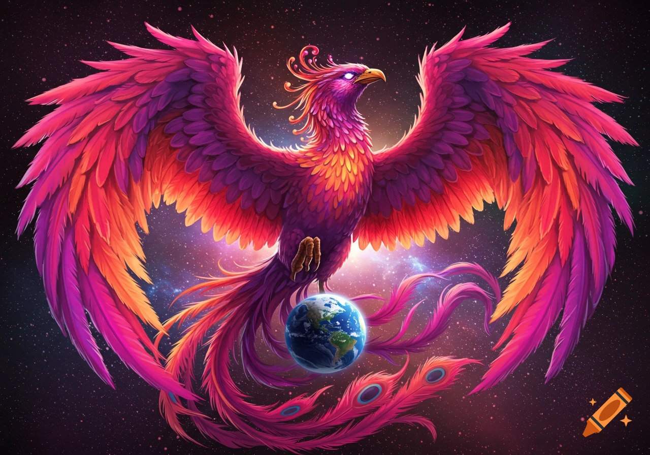 A vibrant purple, pink, and orange phoenix bird spreads its wings over ...