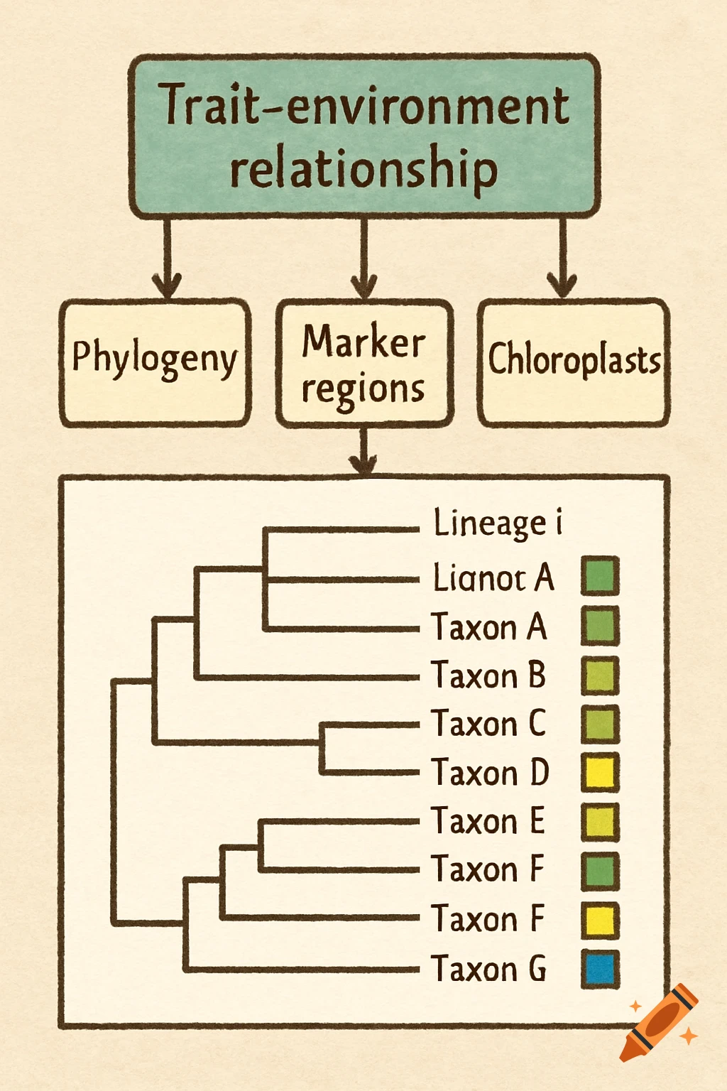 Scientific diagram showing the relationship between trait and environment, with boxes for ...