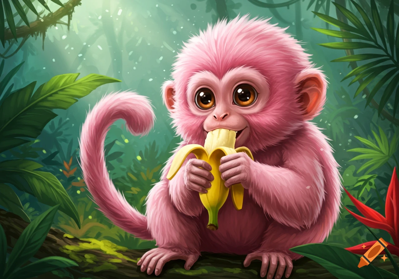 Cute pink monkey sits on a log in a jungle, eating a banana ...
