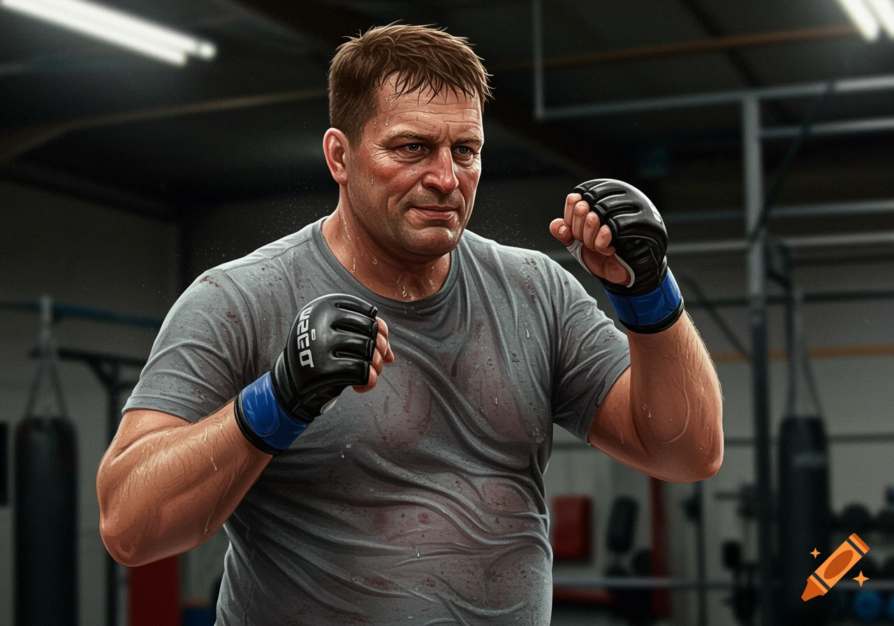 A sweat-soaked man in MMA gloves training in a gym. on Craiyon