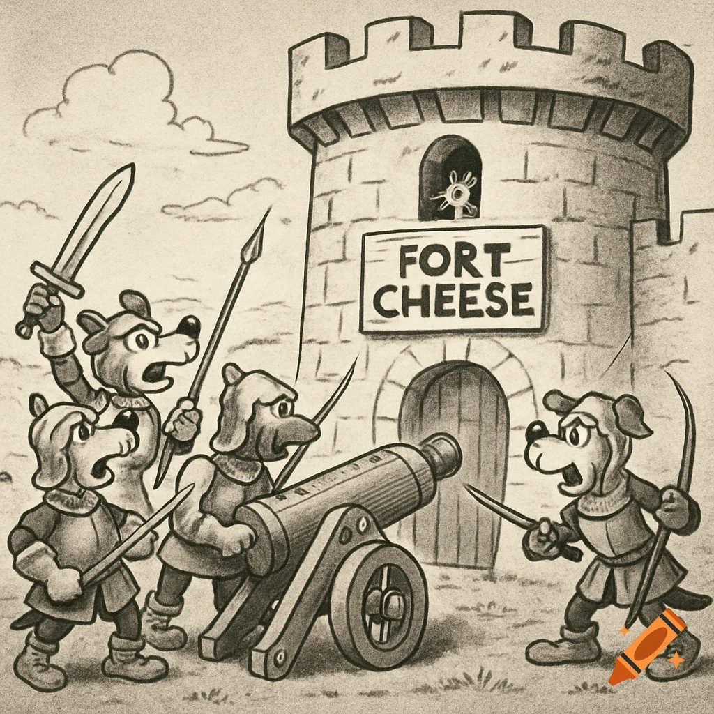 Cartoon of dog knights besieging a castle with a sign saying 'Fort ...