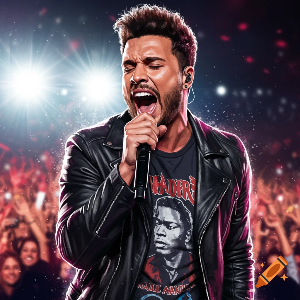 Male singer performing on stage, holding a microphone, wearing a ...