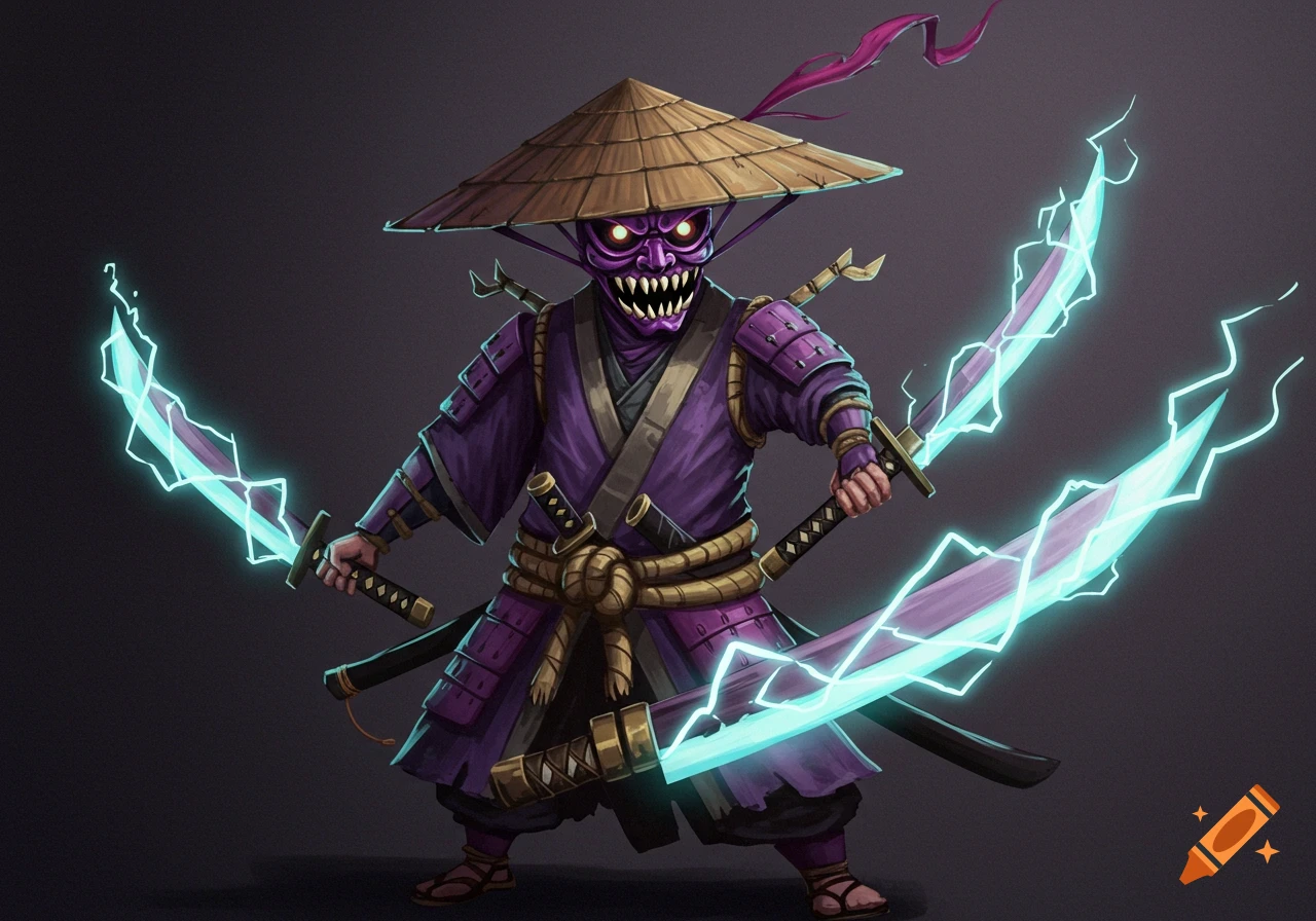 A stylized samurai in purple armor, straw hat, and mask with sharp ...