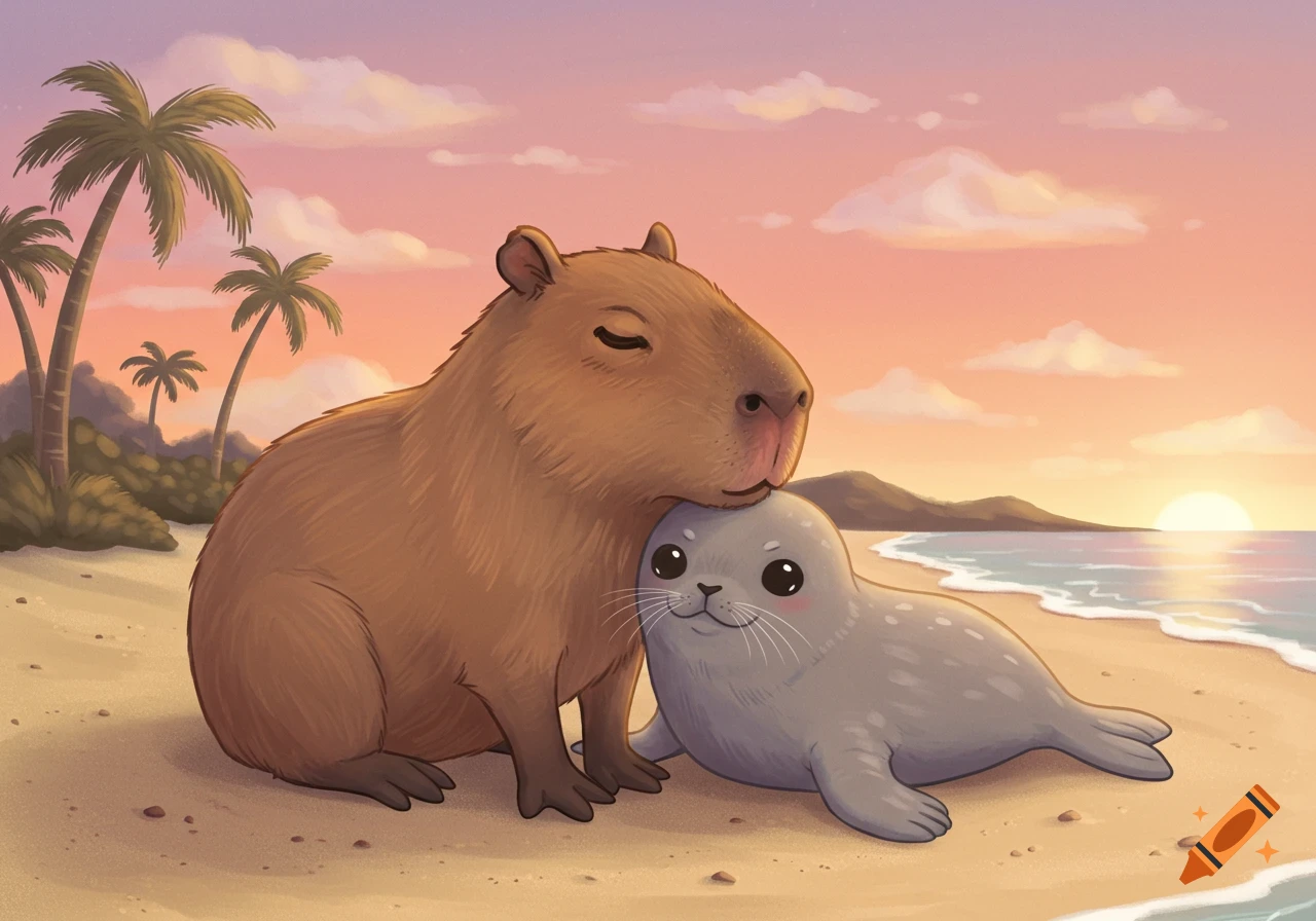 Cute capybara and seal cuddle on a beach at sunset, illustration on Craiyon