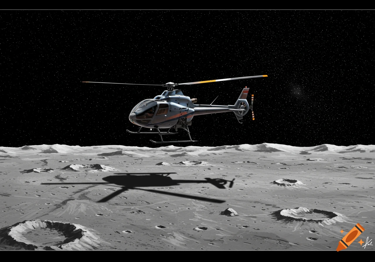 A helicopter flies over the cratered surface of the moon under a starry ...