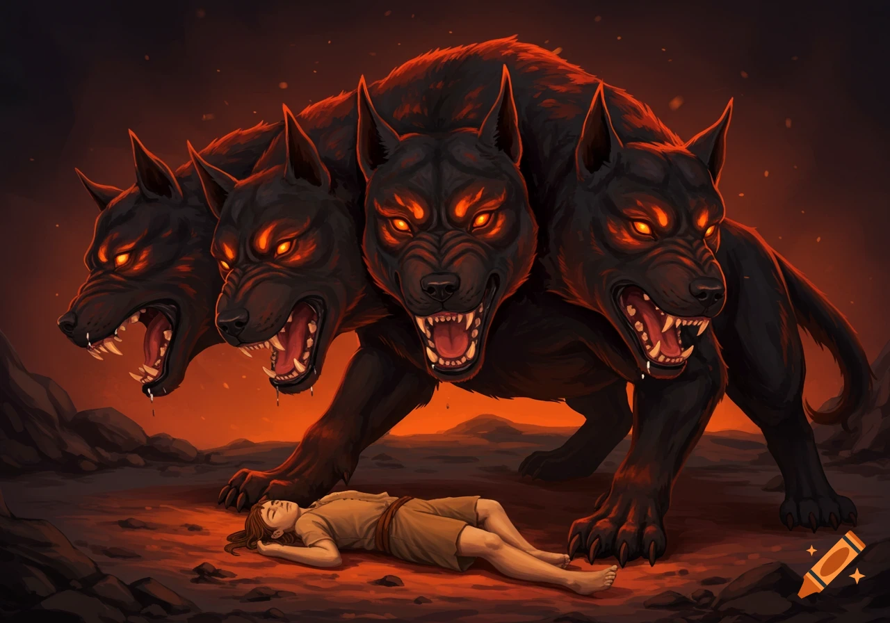 A multi-headed black beast with glowing eyes stands over a person in a ...