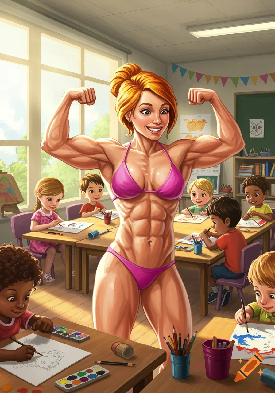 Muscular woman in bikini flexing for art class drawing on Craiyon