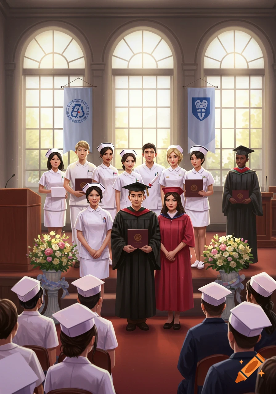 Illustration of a nurse graduation ceremony with students on stage ...