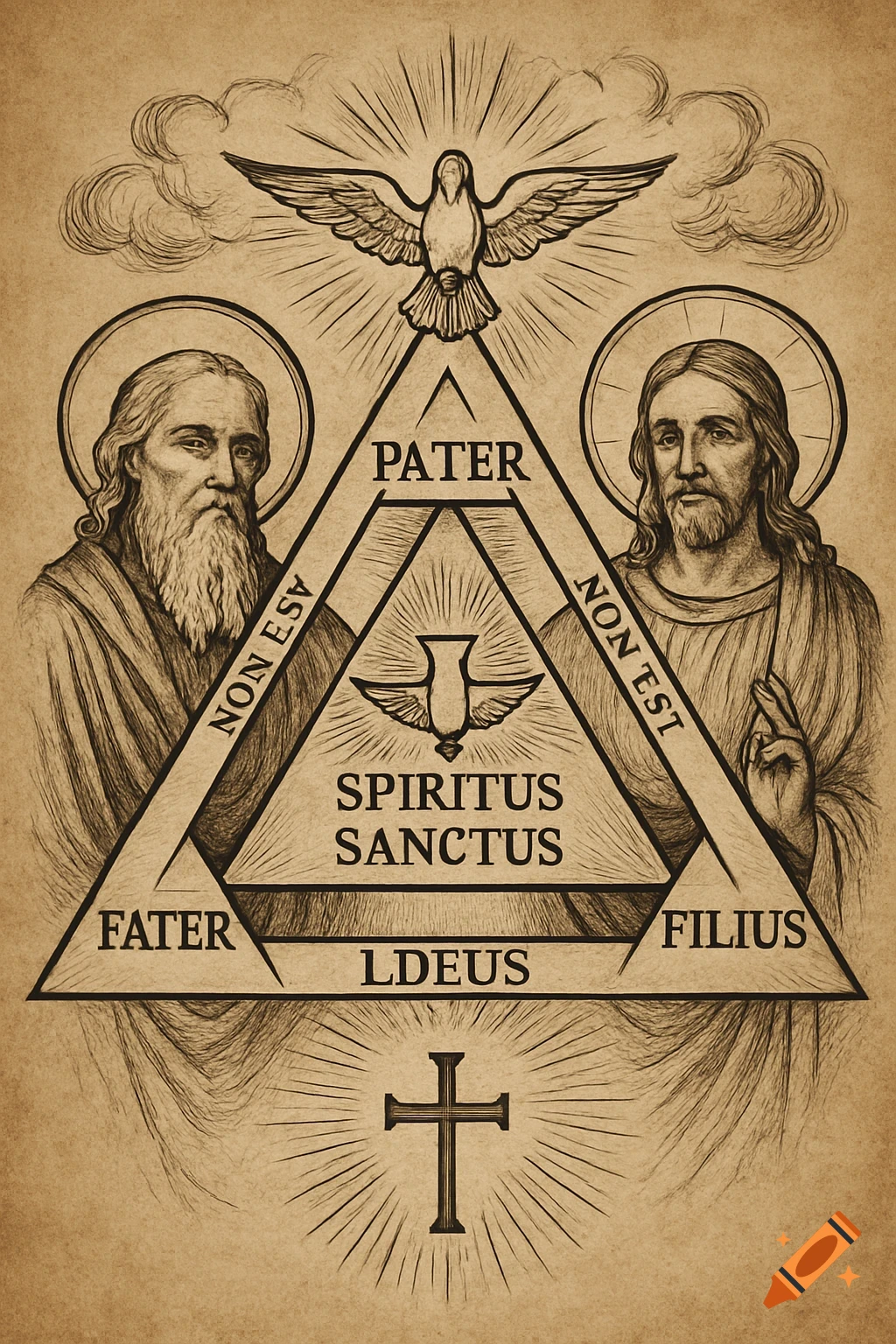 Sketch of the Christian Holy Trinity diagram with figures, dove, cross ...