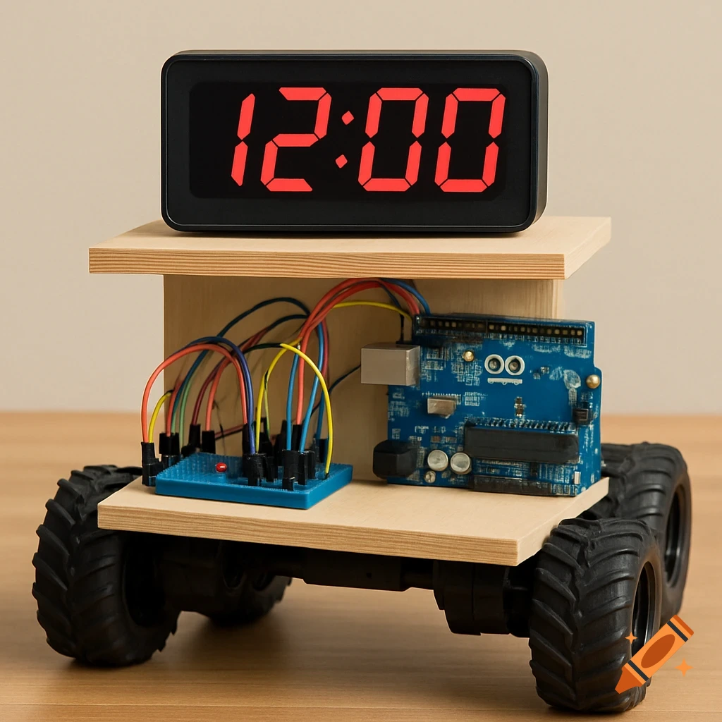 A digital alarm clock displaying 12:00, an Arduino board, and wires are ...