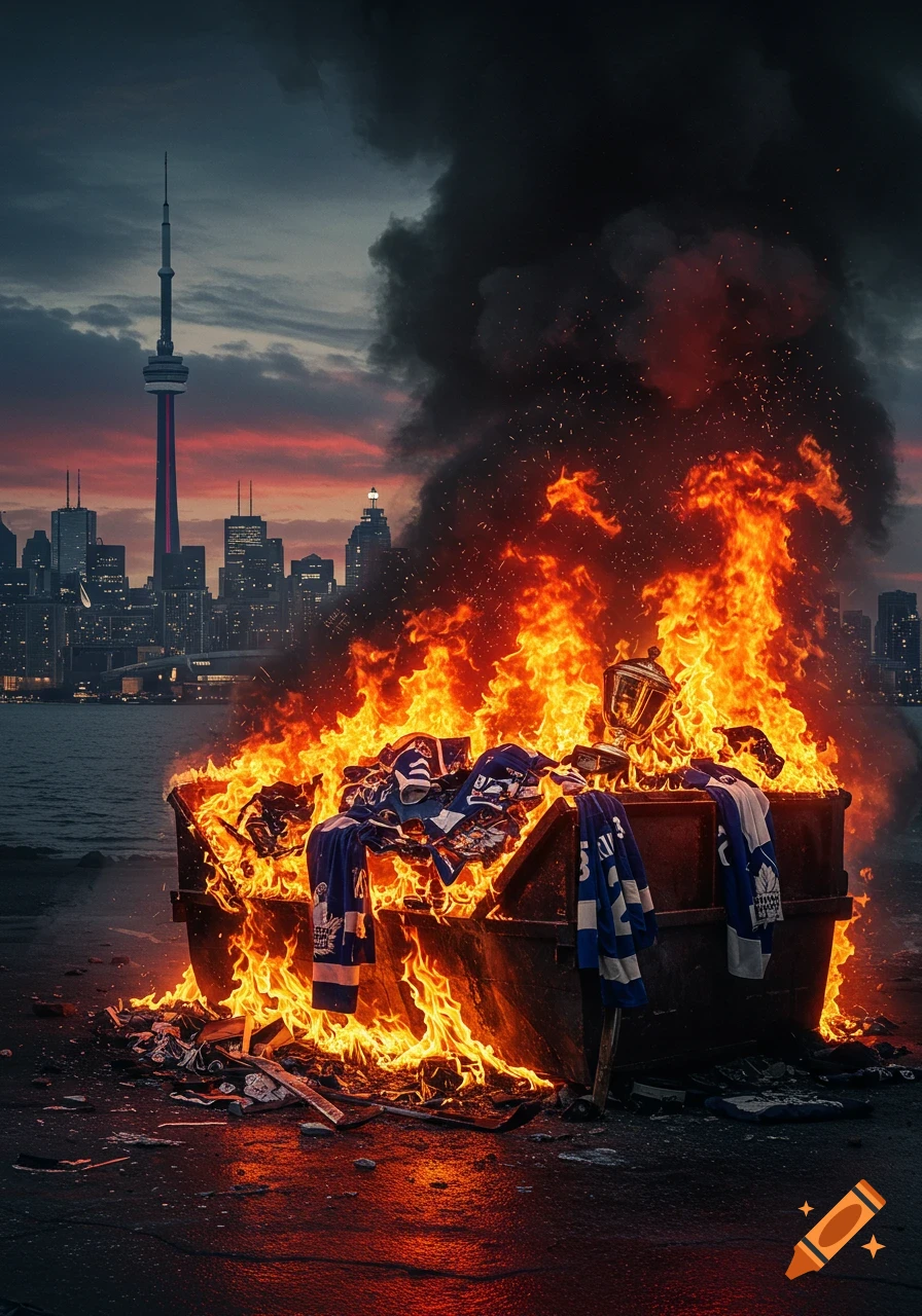 A photorealistic image of a dumpster fire burning Toronto Maple Leafs ...