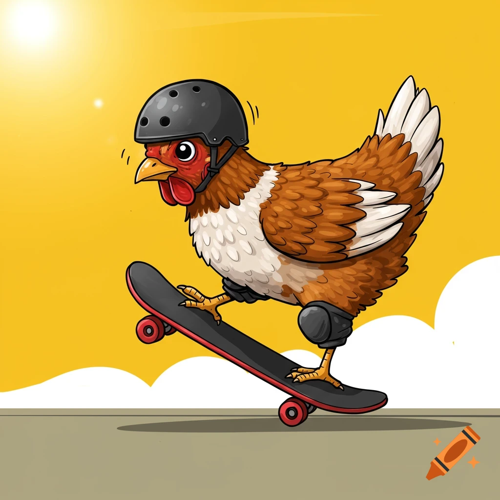 Cartoon chicken wearing a helmet and pads rides a skateboard on Craiyon