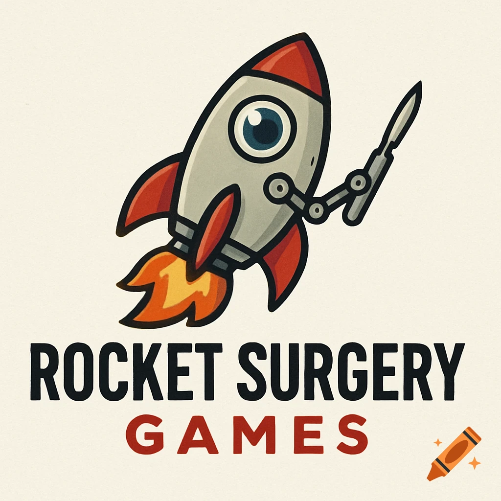 Cartoon rocket logo with mechanical arms holding a scalpel above 'ROCKET SURGERY GAMES' text. on ...