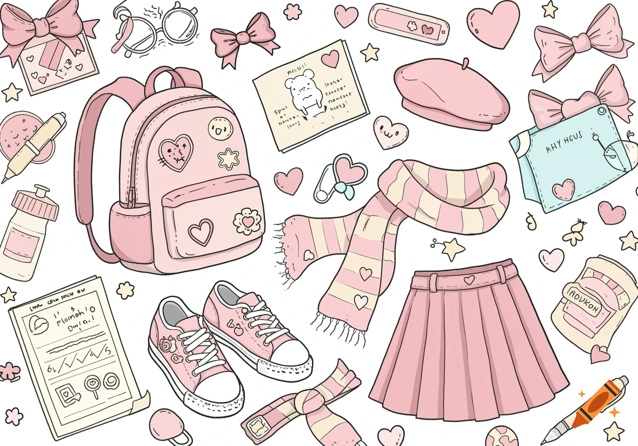 An illustration of cute pastel pink and yellow preppy items including a ...