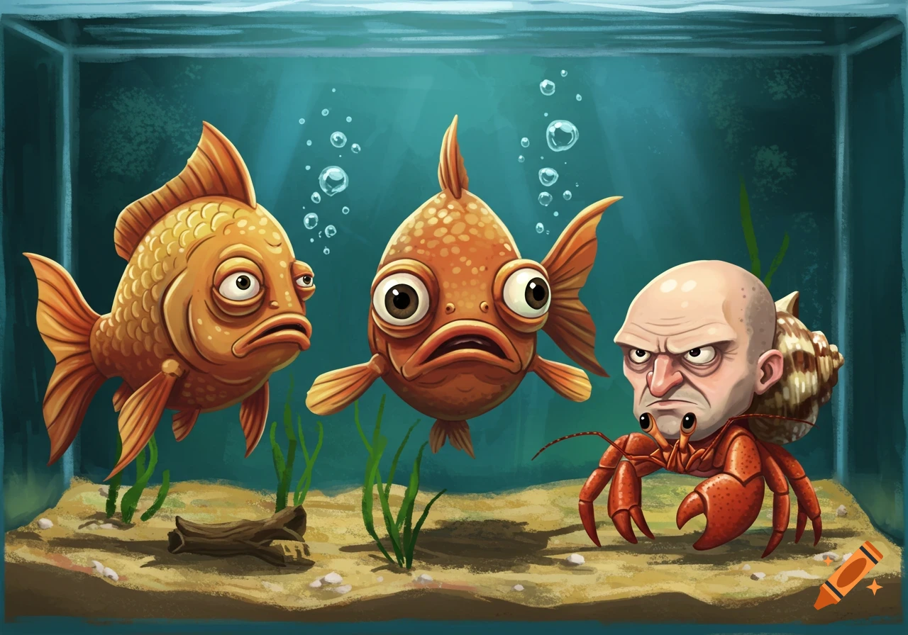 Two sad fish and a grumpy bald hermit crab illustration in a fish tank. on Craiyon