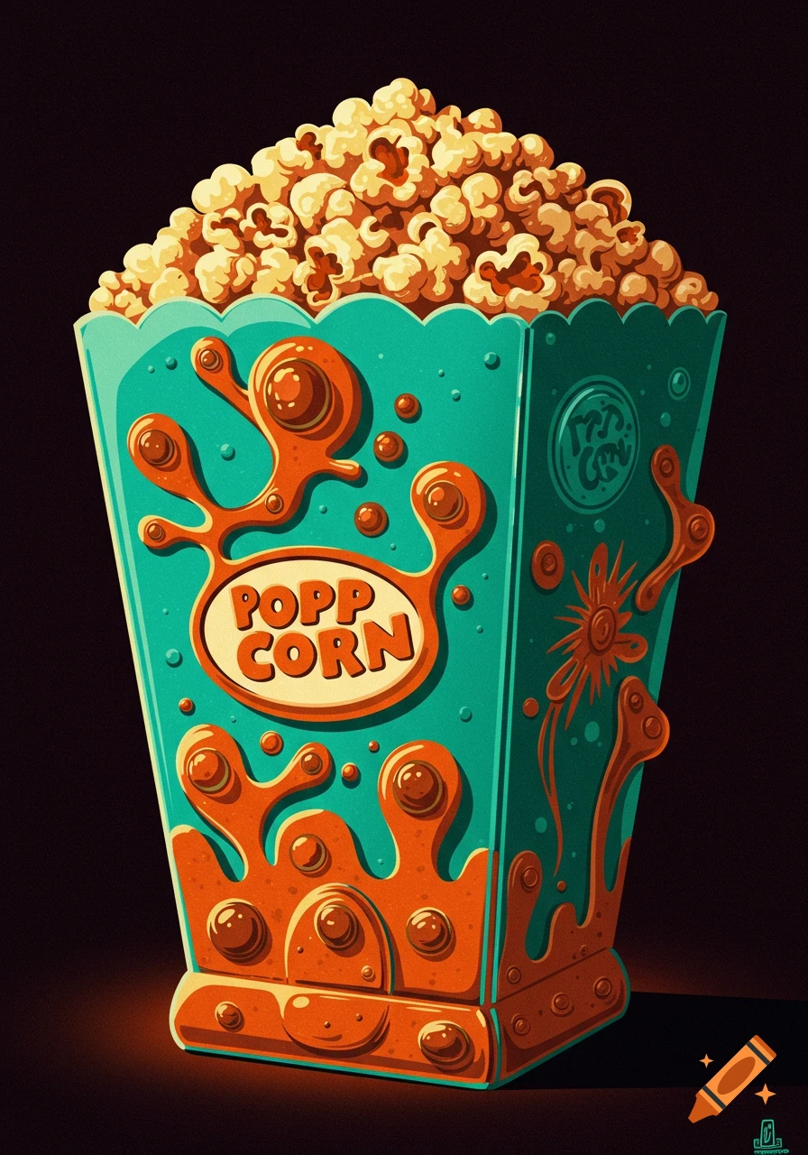 Stylized illustration of a teal popcorn bucket overflowing with popcorn ...