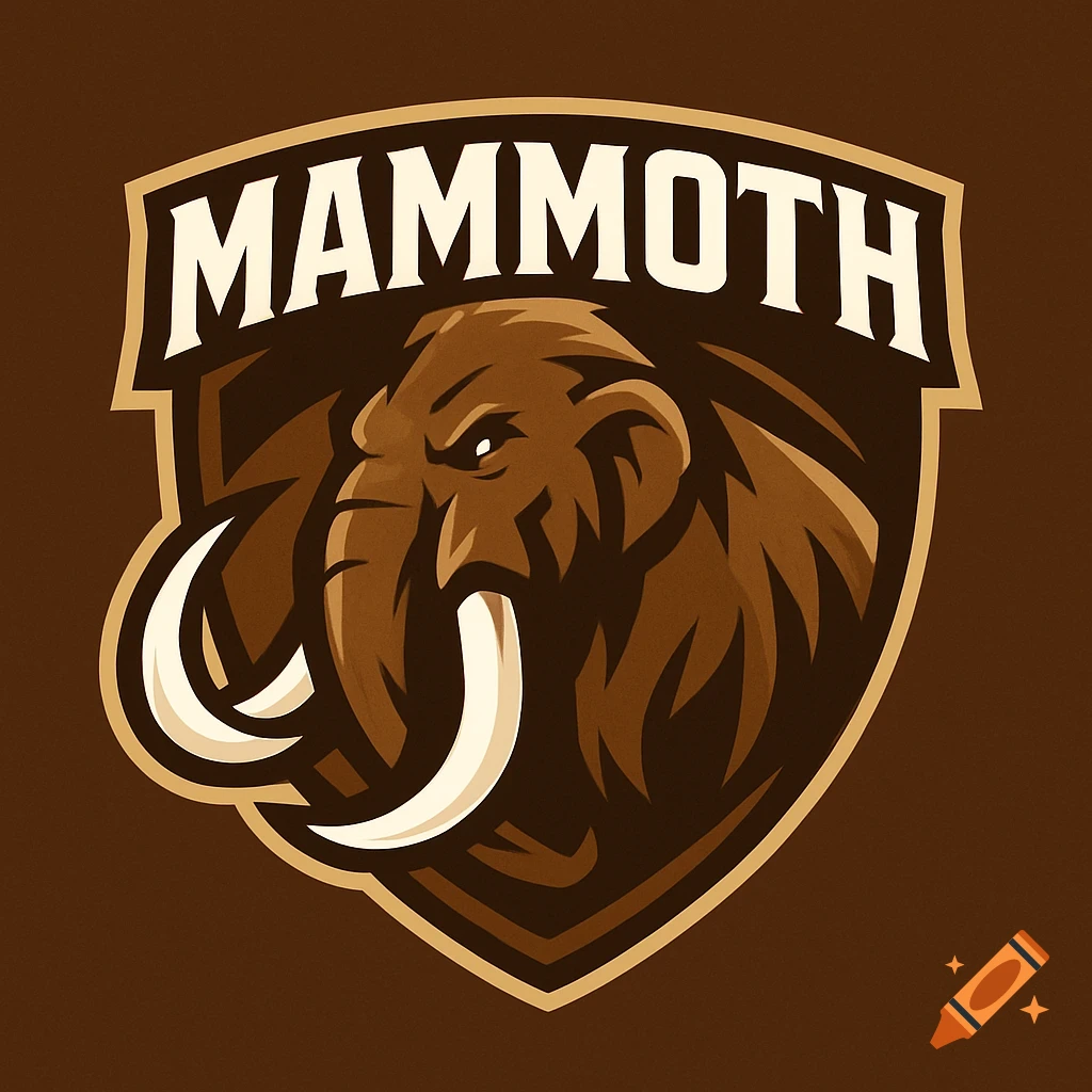 Sports logo featuring a brown mammoth head inside a shield with the ...