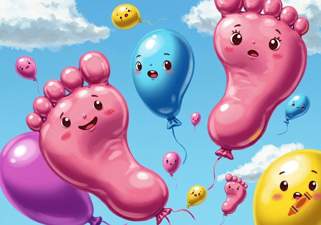 Cartoon feet shaped like balloons with faces float in a blue sky with ...