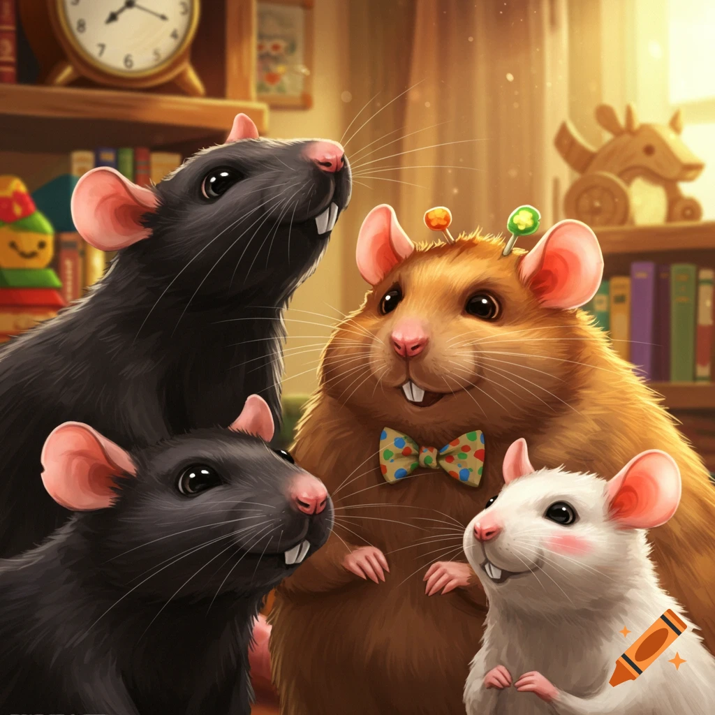 Four friendly rats look up happily in a cozy, detailed library setting ...