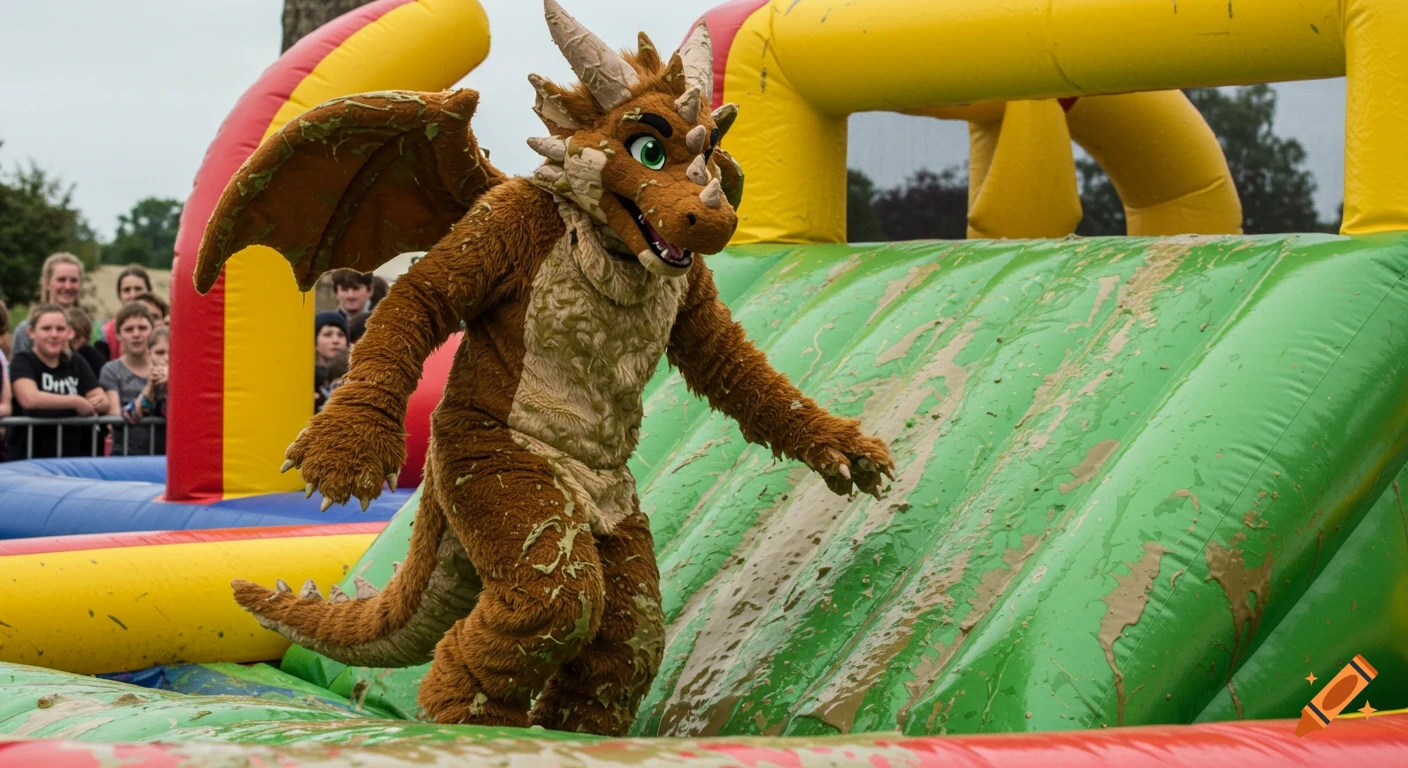 A person in a muddy brown dragon fursuit navigates a green inflatable ...