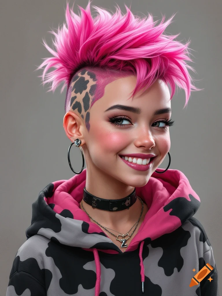A girl with a pink mohawk and cow print hair, wearing a cow print ...