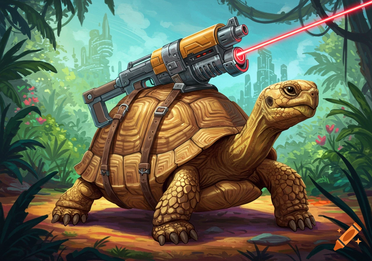 A detailed digital illustration of a tortoise with a laser gun mounted ...