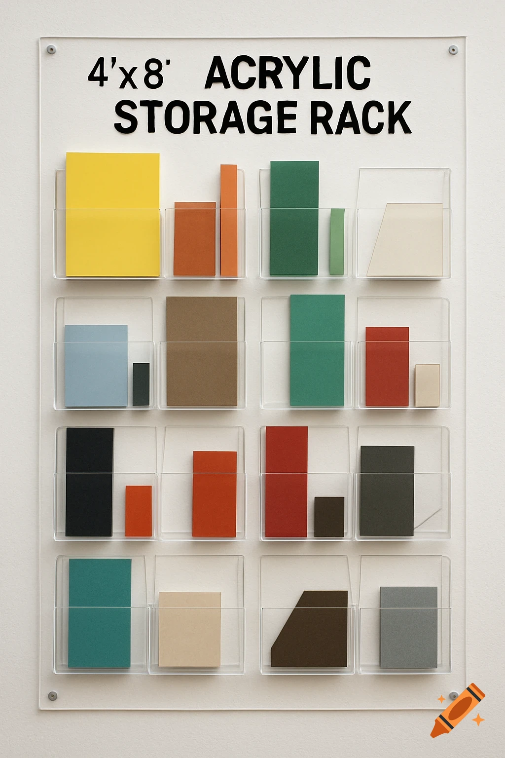 Acrylic storage rack labeled 4'x8' with pockets holding colorful paper ...