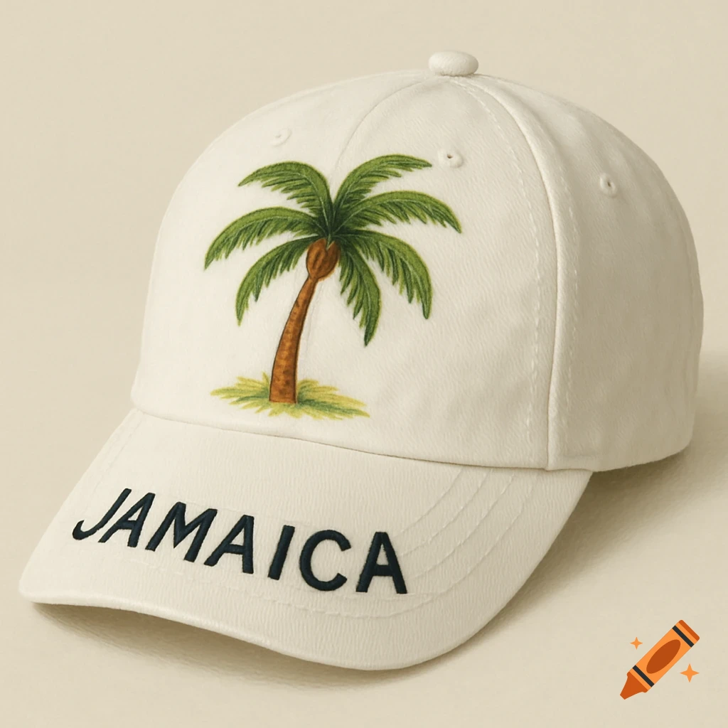 White baseball cap with a palm tree illustration and 'JAMAICA ...