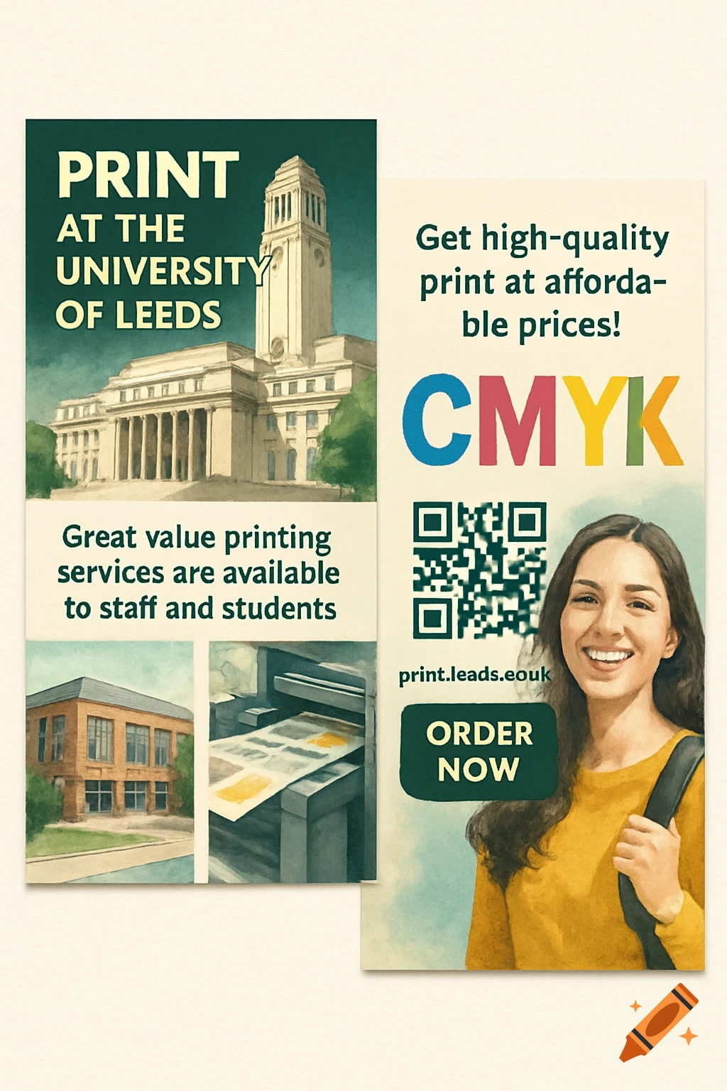 Illustrative flyer for University of Leeds printing services with ...