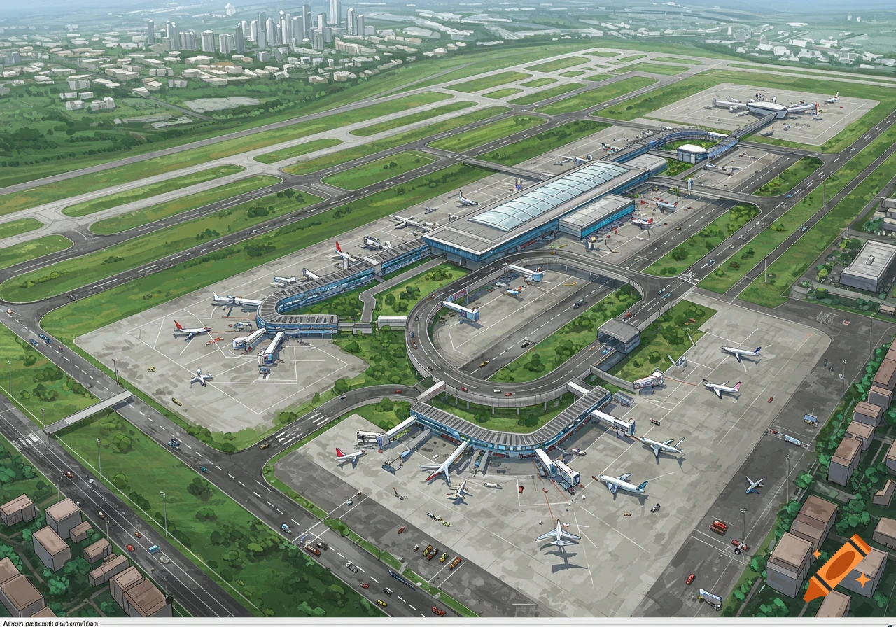 Aerial view of a large airport layout with terminals, runways, and ...