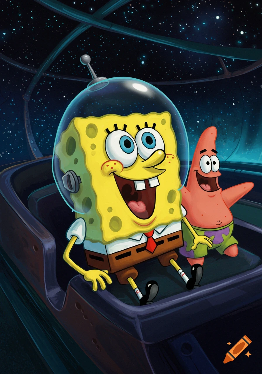 Spongebob and Patrick riding a vehicle in space on Craiyon