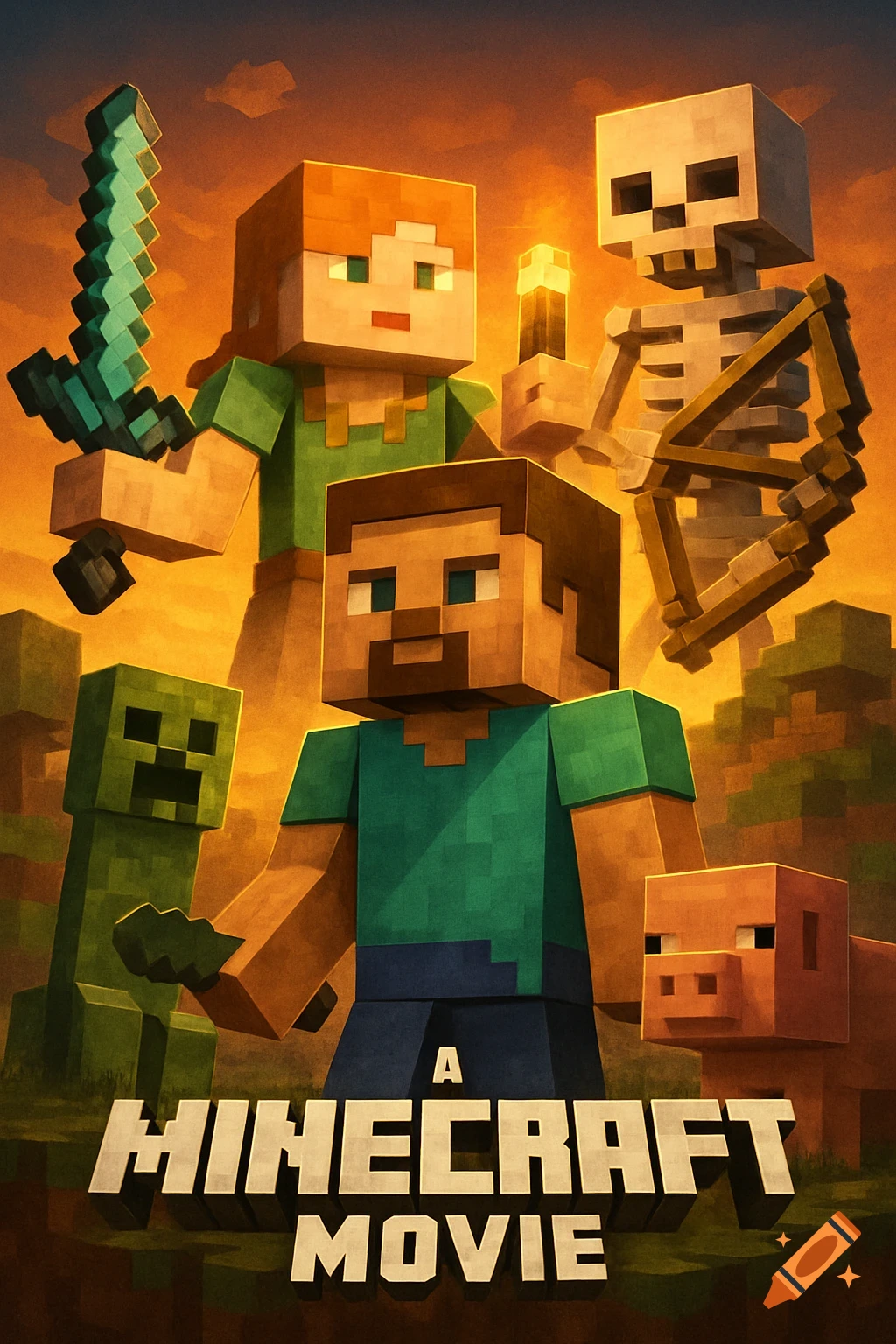 A movie poster featuring Minecraft characters Steve, Alex, a Creeper ...