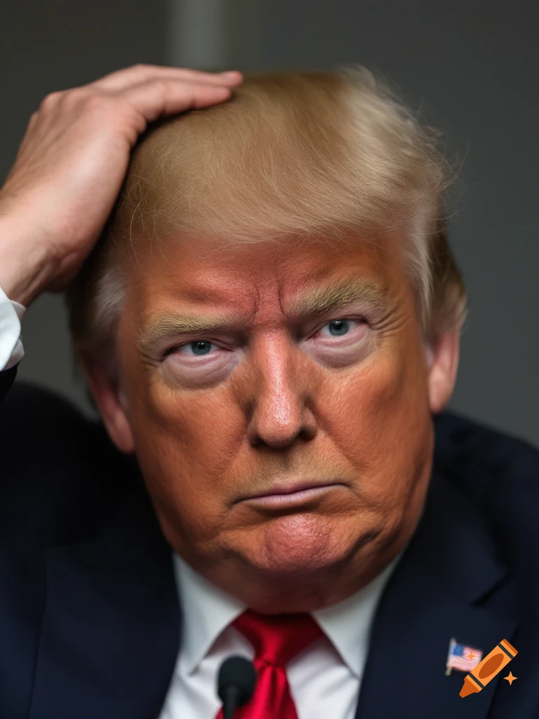 Close-up portrait of Donald Trump with hand on head, wearing a suit and ...