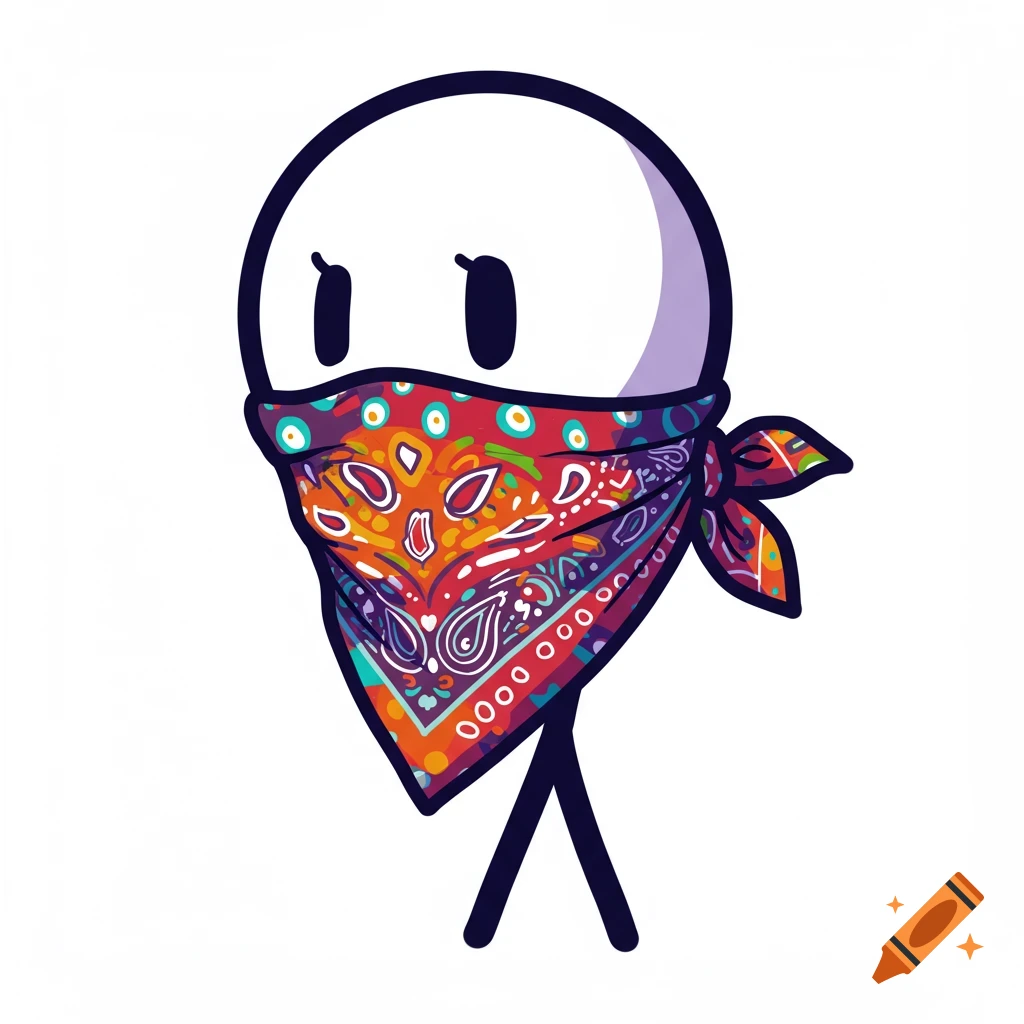 A cartoon stick figure wears a colorful bandana covering its lower face ...
