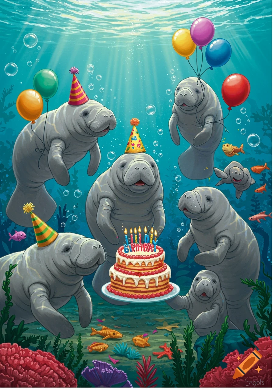 Illustration of manatees having an underwater birthday party with cake ...