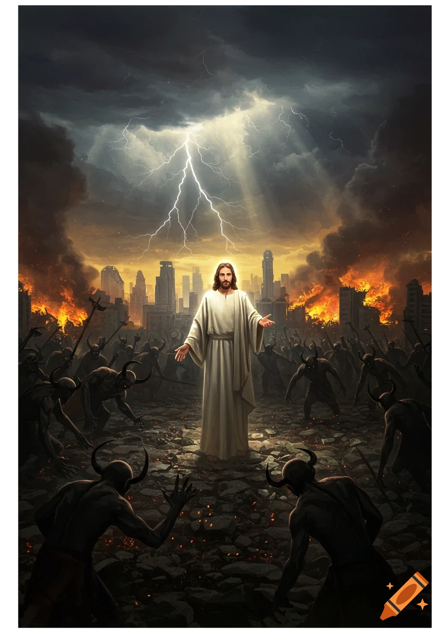 Jesus stands among demons in a burning city under a stormy sky with ...