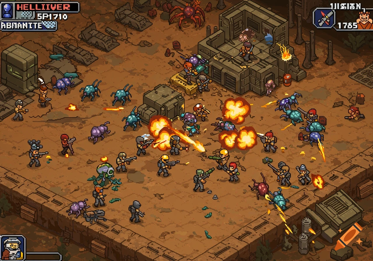 Pixel art isometric view of soldiers fighting bug aliens in a desert ...