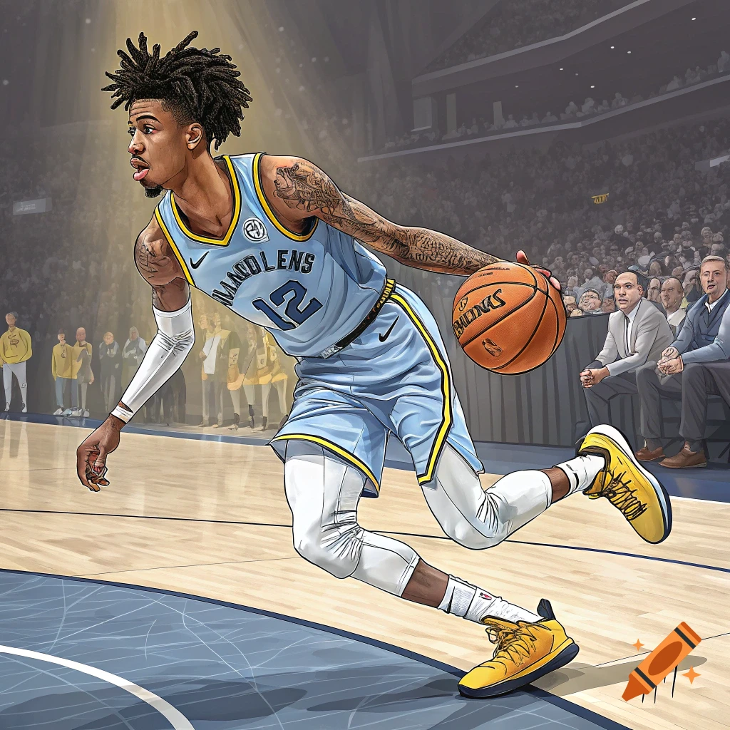 Stylized drawing of a basketball player with dreadlocks dribbling ...