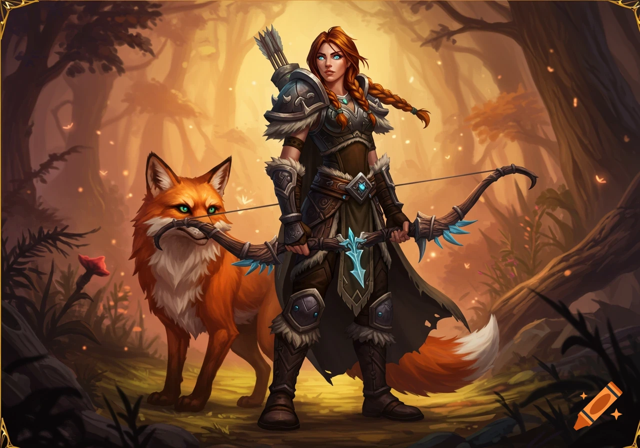 Fantasy hunter with a fox pet stands in a forest. on Craiyon
