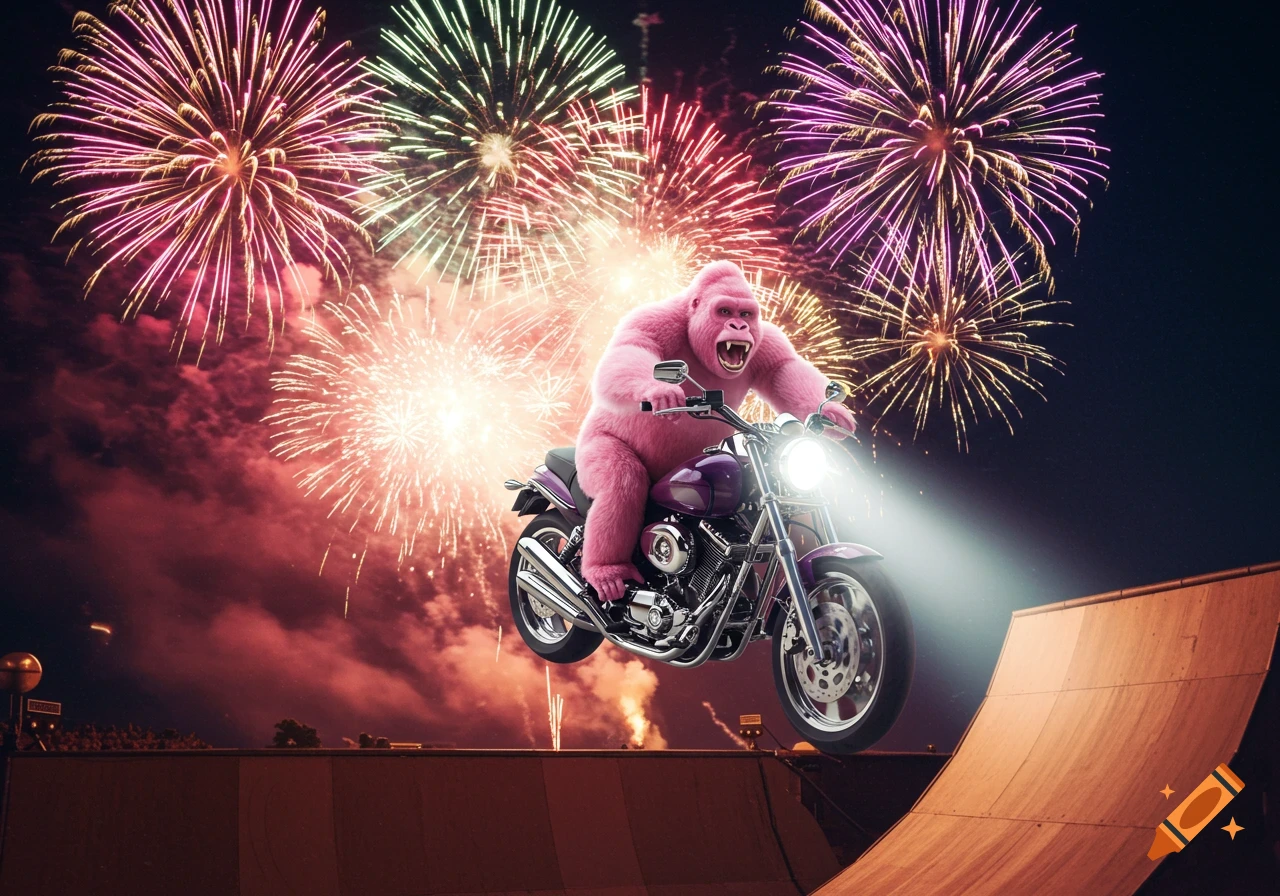 A pink gorilla rides a purple motorcycle off a ramp at night with ...