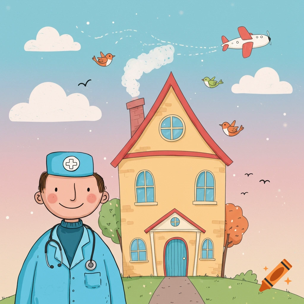 Cartoon drawing of a smiling doctor standing in front of a house with ...
