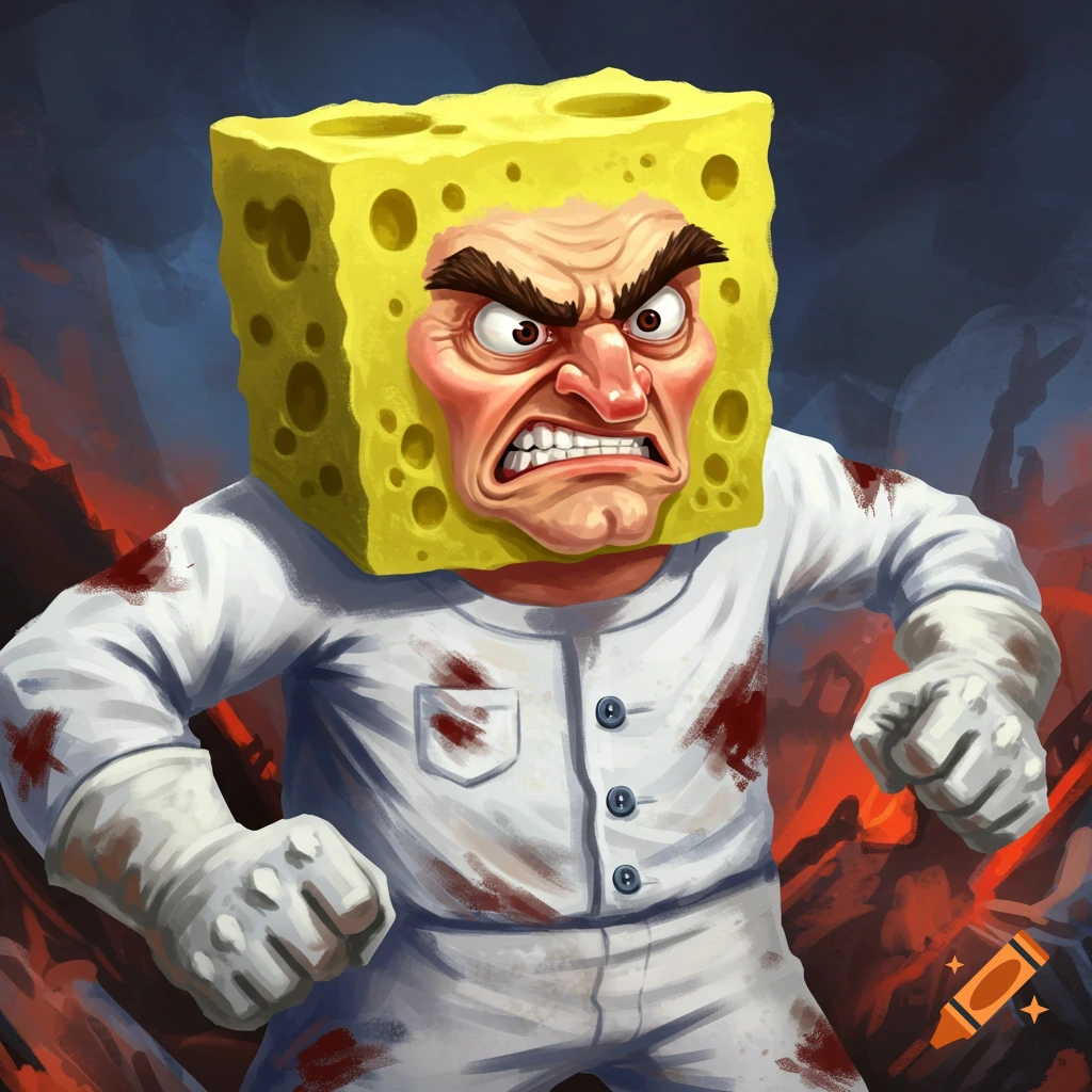 An angry figure with a yellow square head, lab coat, and gloves ...