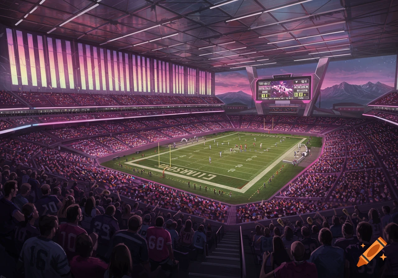 Futuristic indoor football stadium filled with spectators watching a ...