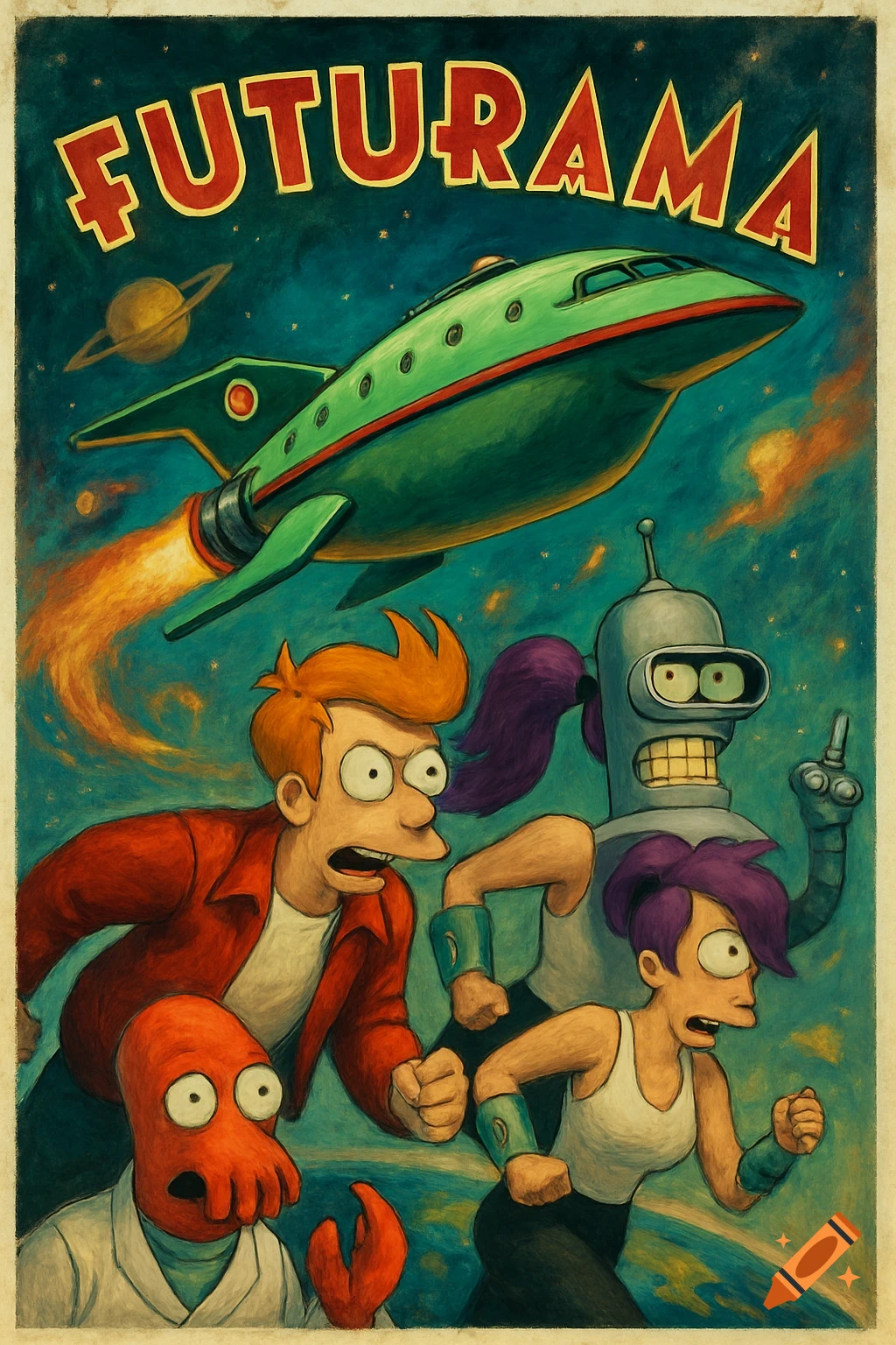Futurama poster with Fry, Leela, Bender, and Zoidberg running from the ...